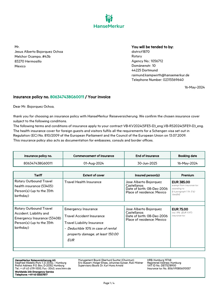 Invoice Insurance Policy 806347438G60011 | PDF