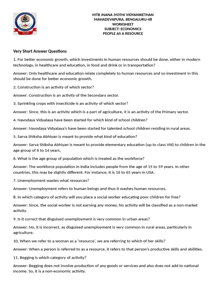 People As A Resource WORKSHEET | PDF