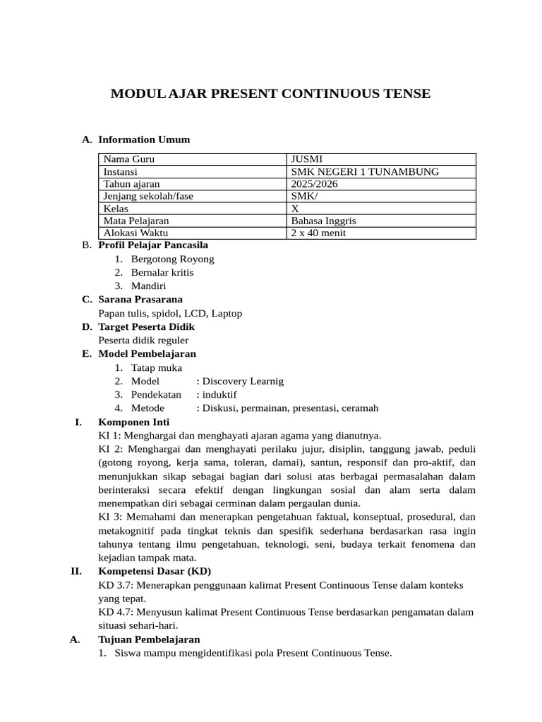 Modul Ajar Present Continuous Tense | PDF