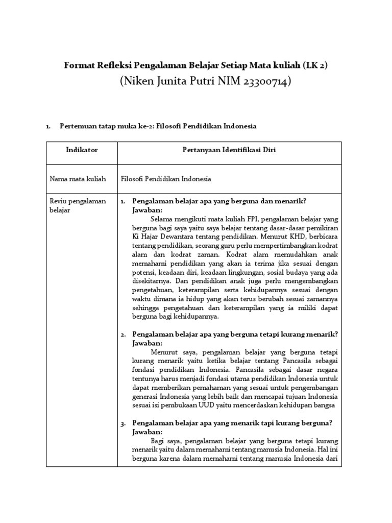 LK 2 - Format Refleksi - Niken Junita Putri NIM 23300714 | PDF