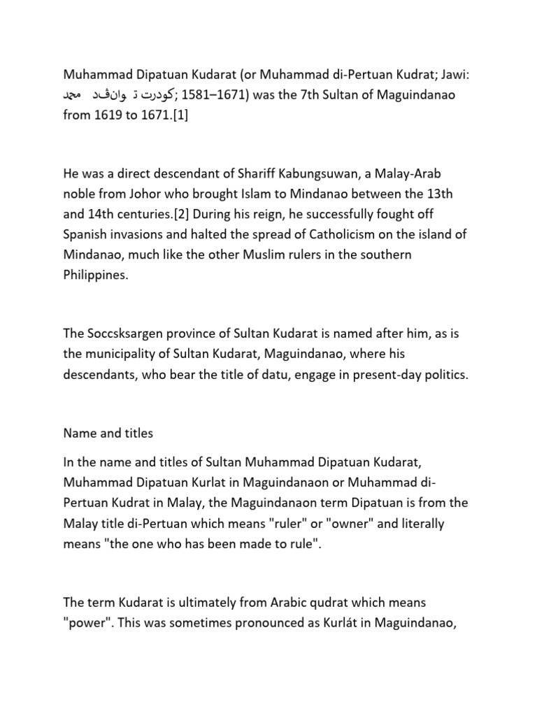 Sultan Muhammad Dipatuan Kudarat Works and Legendary Battle ...