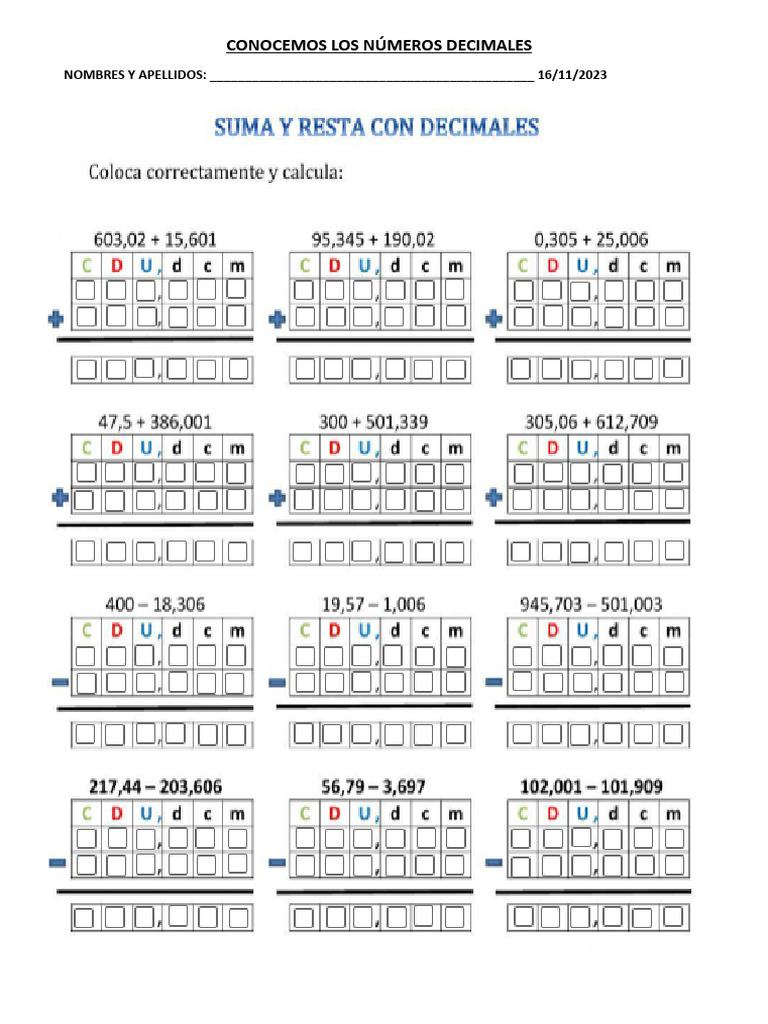 Practica Suma y Resta de Números Decimales | PDF