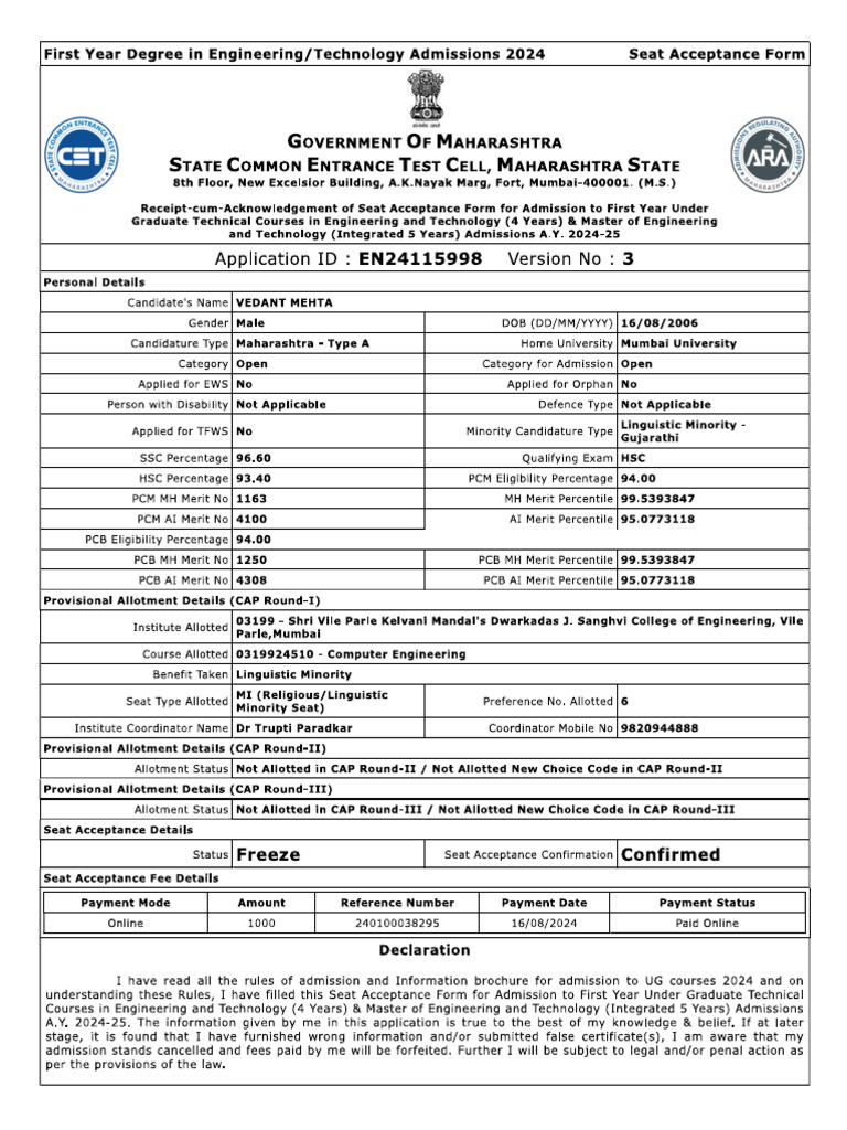 Seat Acceptance Form, Alootment Letter, Reciept | PDF