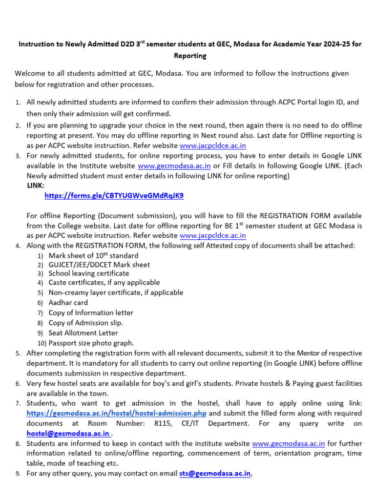 Instruction To D2D 3rd Sem Newly Admitted Students at GEC, Modasa ...