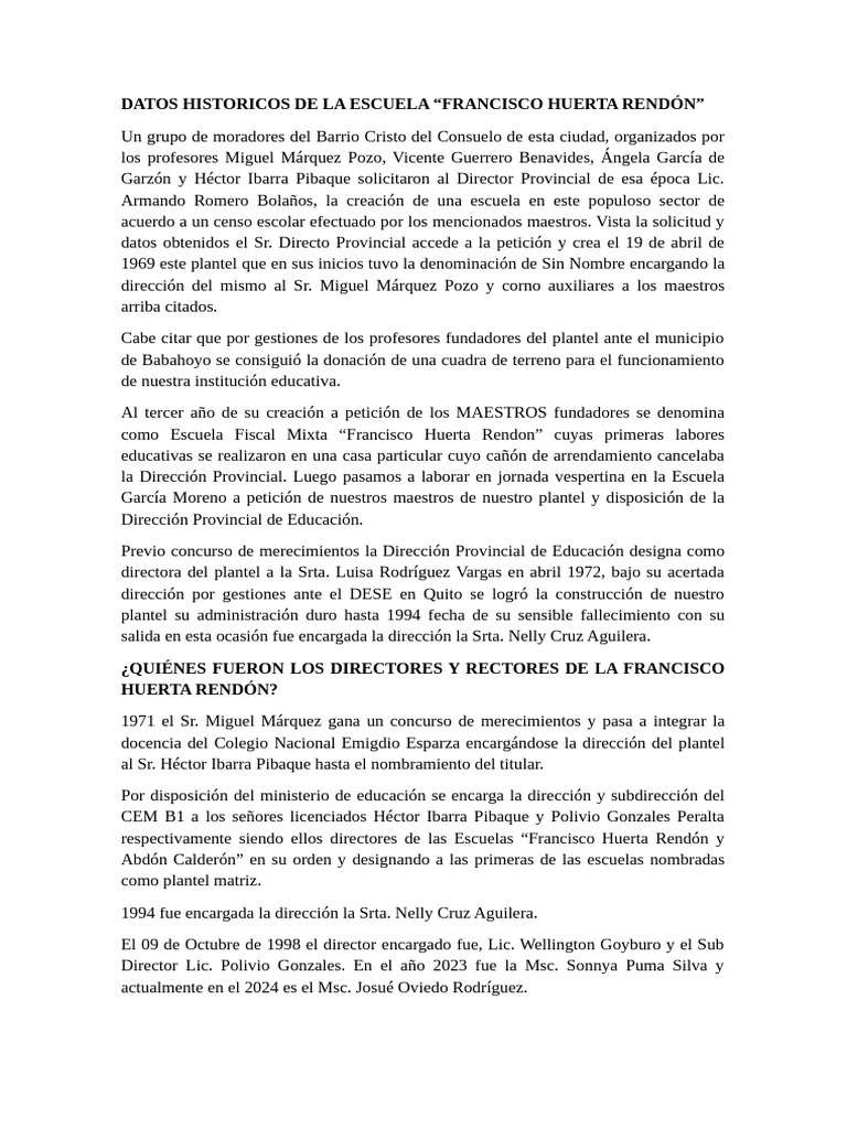 Datos Historicos de La Escuela "Francisco Huerta Rendón" | PDF
