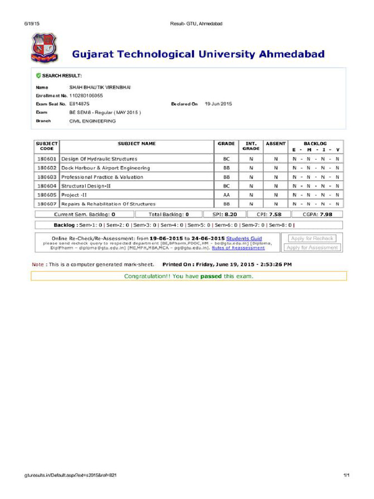 Result Gtu Ahmedabad 1 638 | PDF