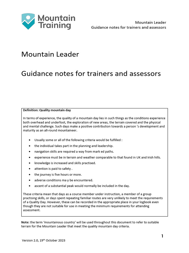 Mountain Leader Guidance For Trainers and Assessors 2024 | PDF