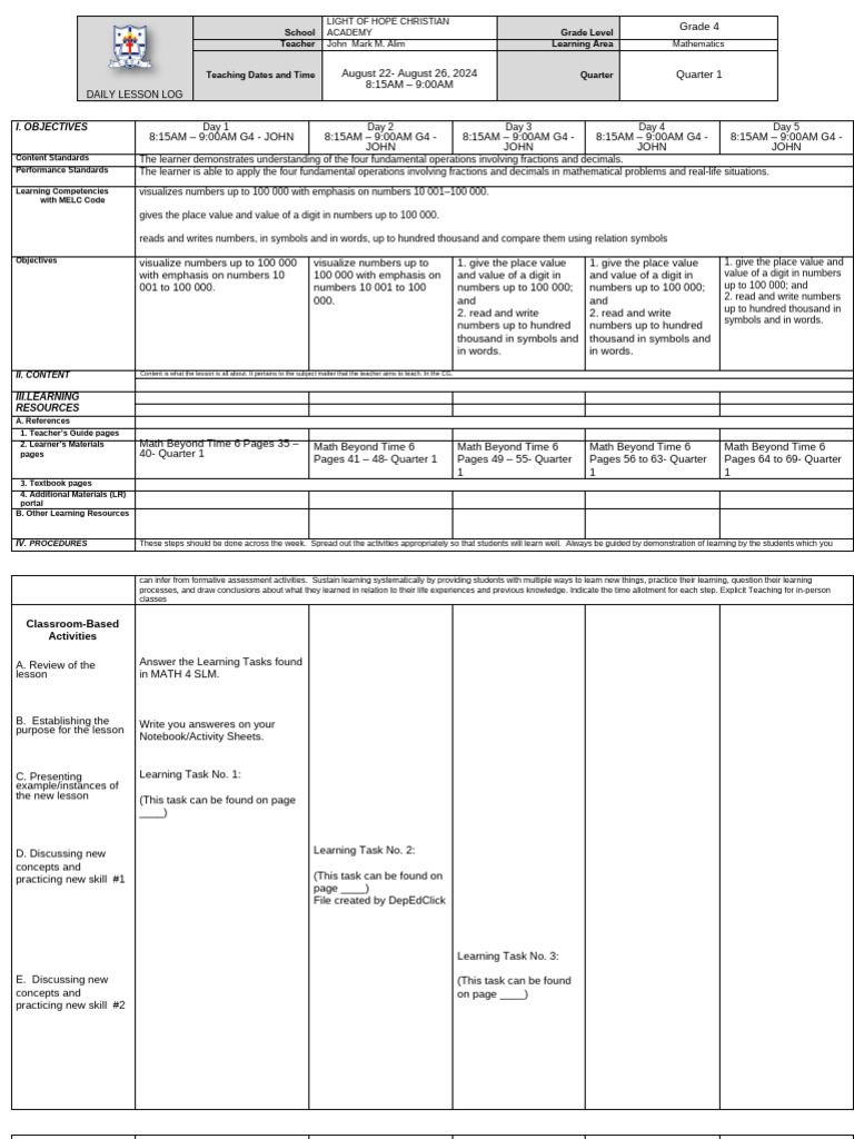 Week1 - Weekly Lesson Plan - Grade4 - Math4 | PDF