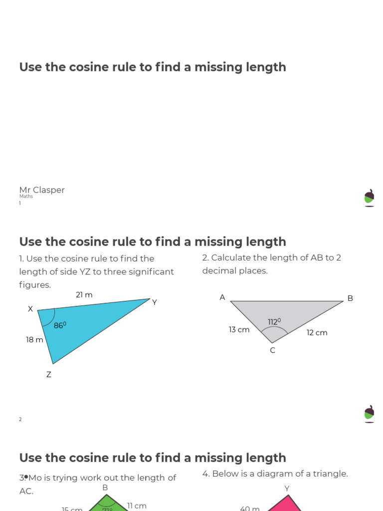 Use The Cosine Rule To Find A Missing Length cmwk6c Worksheet PDF | PDF