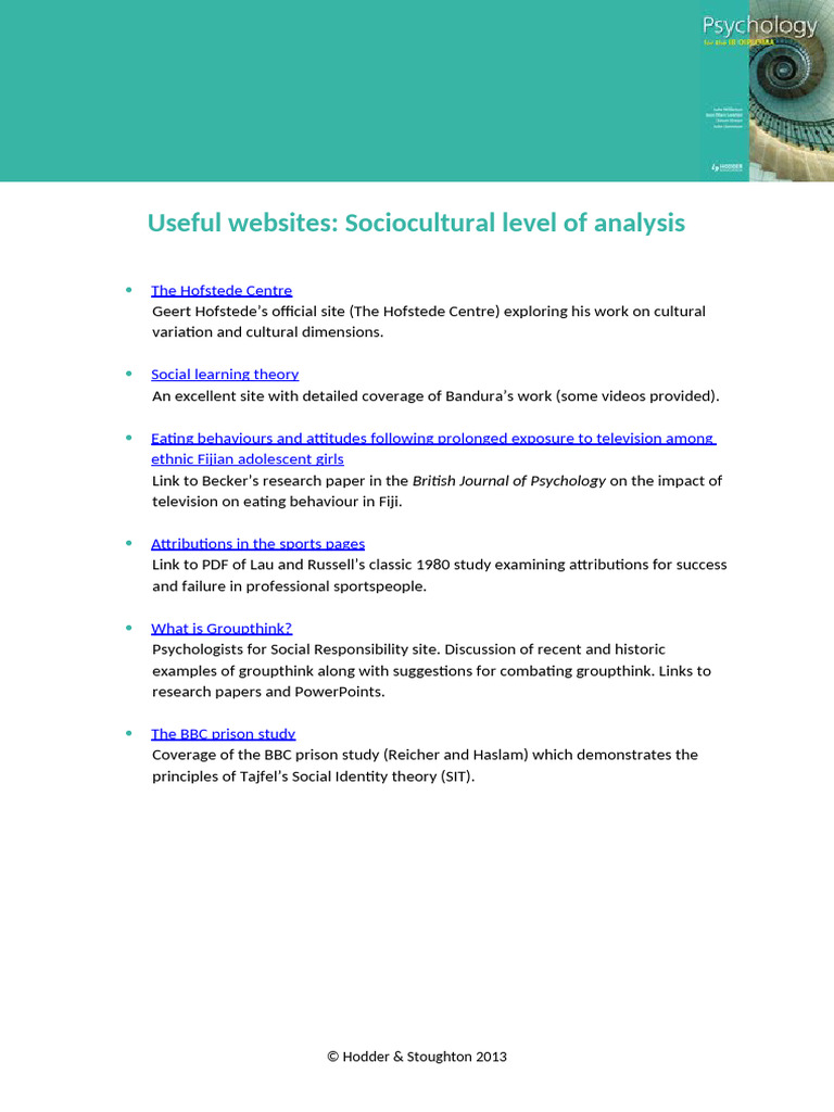 Useful Websites Sociocultural Level of Analysis | PDF