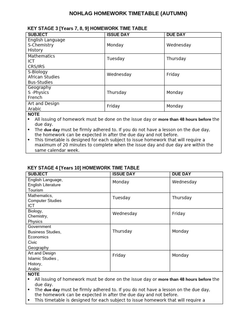 Homework_Timetable_2024_2025 | PDF