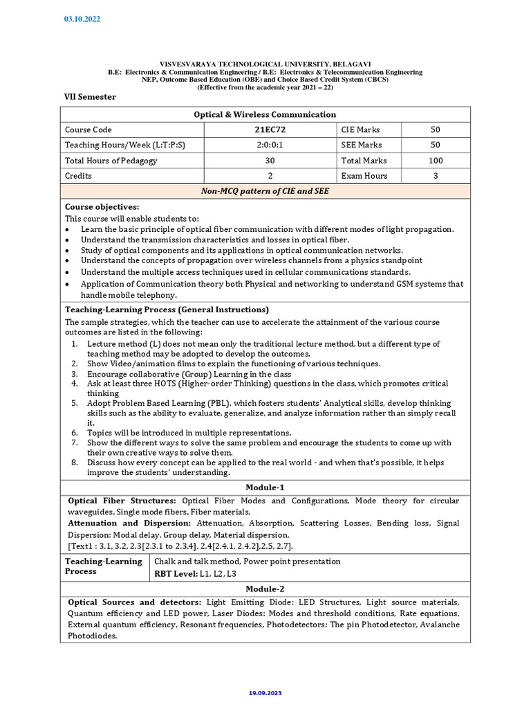 Optical & Wireless Communication - 21EC72 | PDF