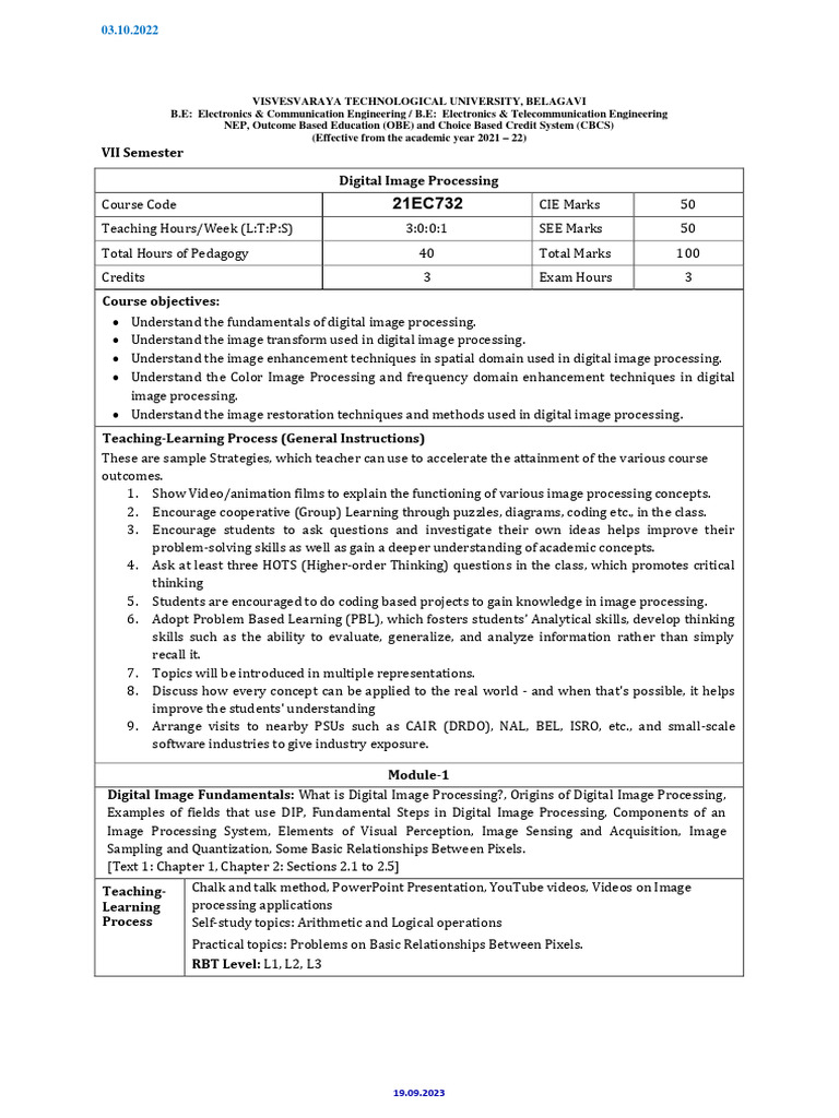 Digital Image Processing - 21EC732 | PDF