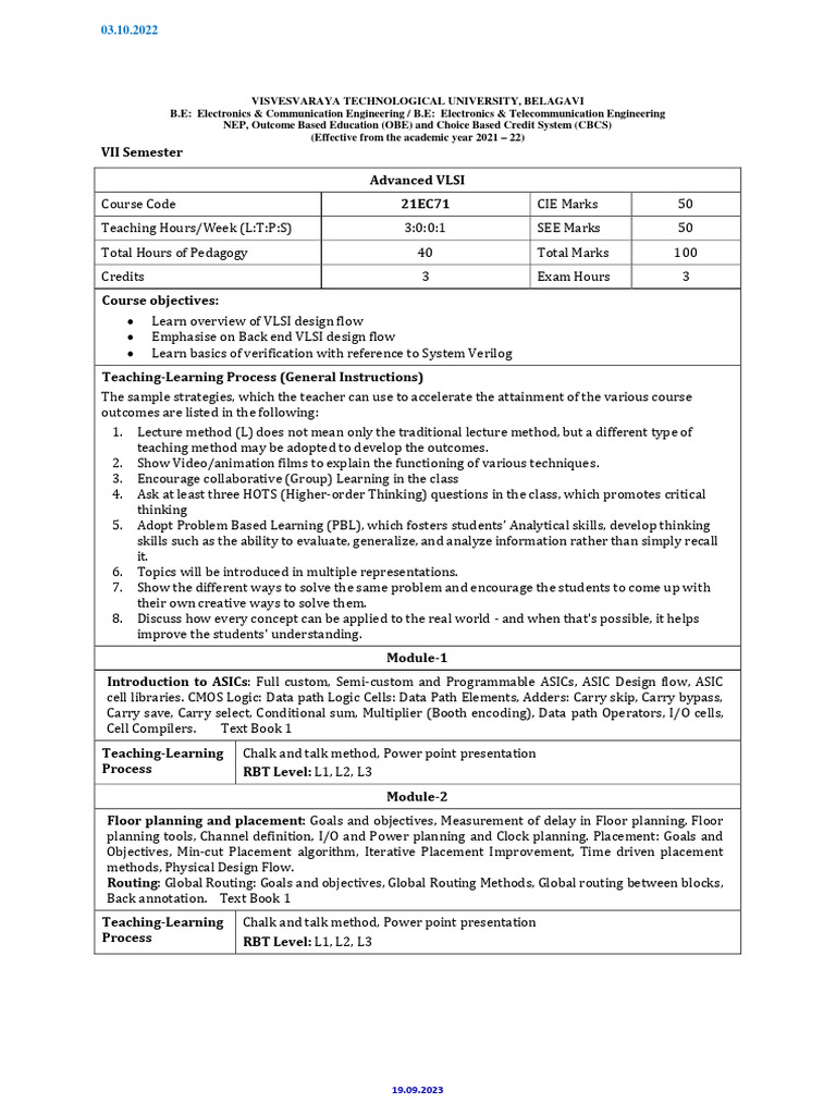 Advanced VLSI - 21EC71 | PDF