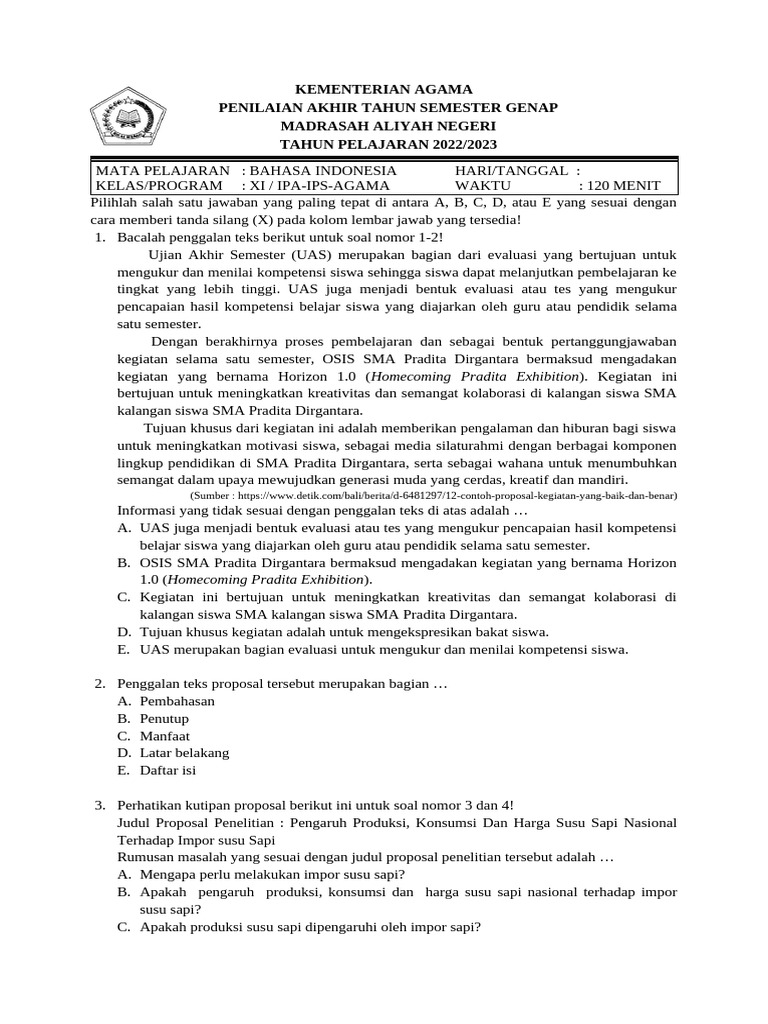 Soal Pat Kelas Xi - Bahasa Indonesia - 2023 - Soal B | PDF