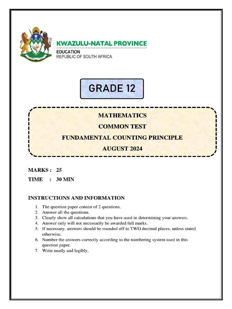 2024 GR 12 Counting Principle Test (DOE) | PDF