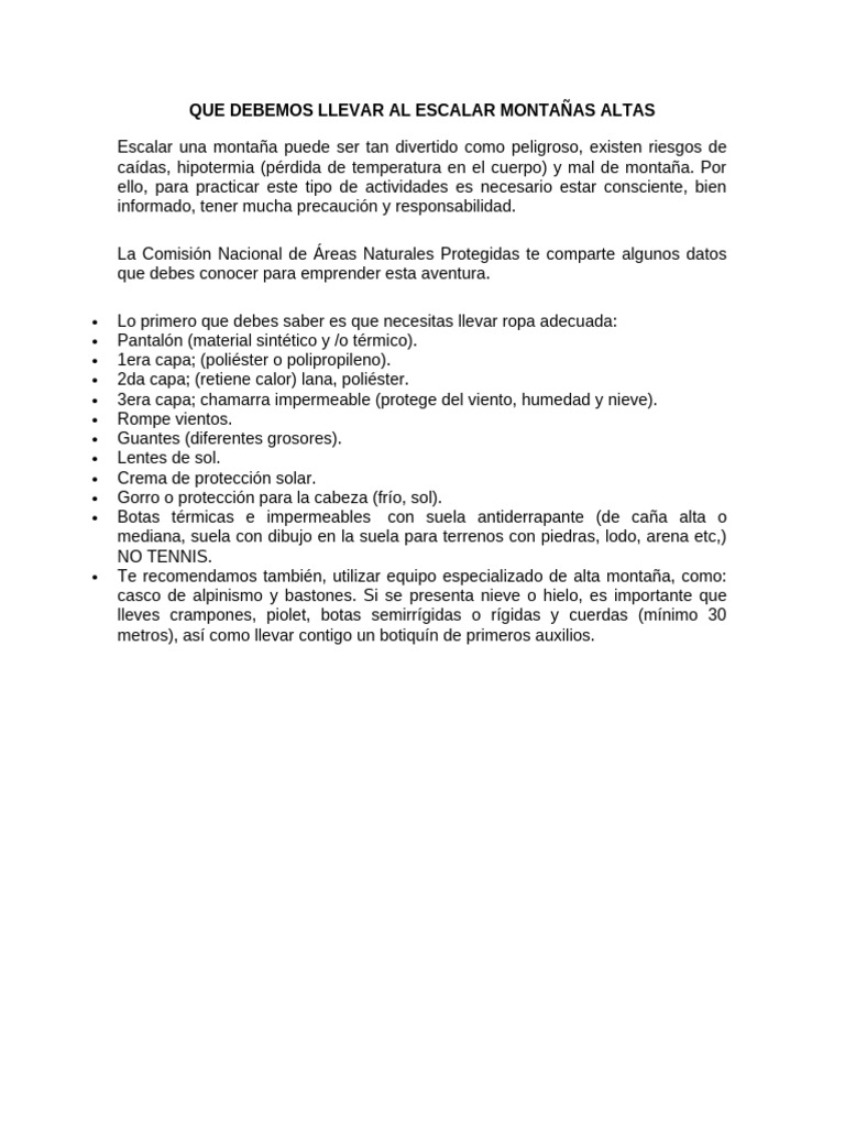Que Debemos Llevar Al Escalar Montañas Altas | PDF