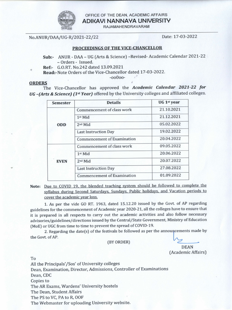 Revised Ug Academic Calendar - 2021-22 | PDF