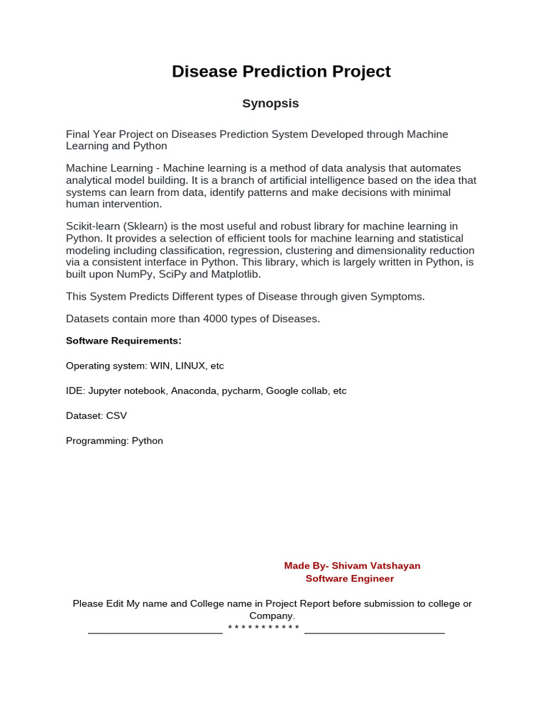 Disease Prediction Project Synopsis | PDF