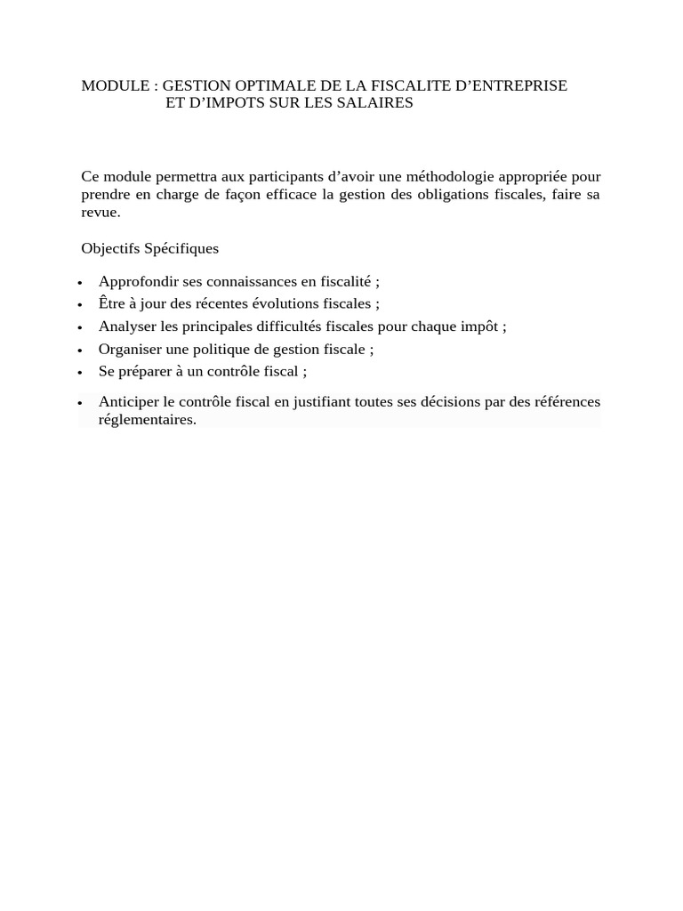 Programme Fiscalite D'entreprise Et Impôts Sur Les Salaires | PDF