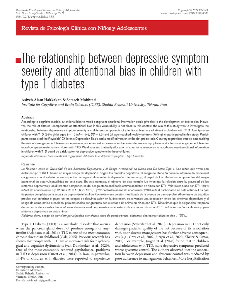 The Relationship Between Depressive Symptom Severity and Attentional Bias in Children With Type ...
