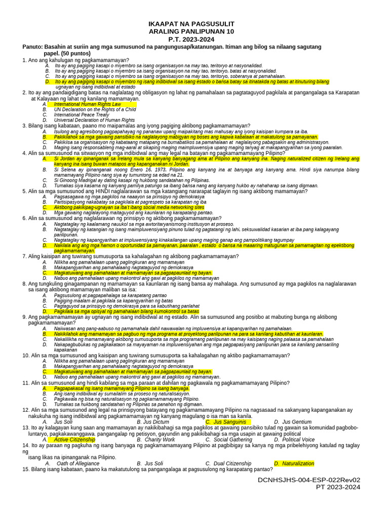 1 EDITED G10 - 4th Quarter Test Questions For Higher Sections With Key ...
