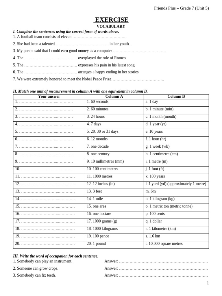 Bài tập thêm- Friends Plus- Grade 7 | PDF