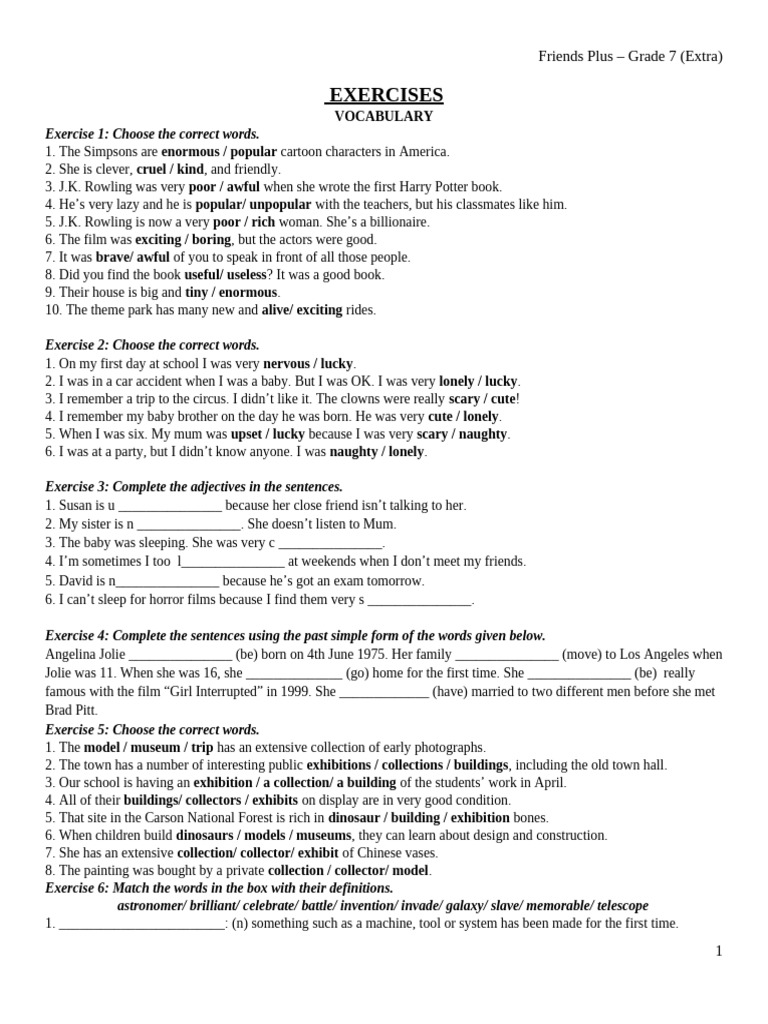 Unit 3 - Extra Paper - Friends Plus - Grade 7 | PDF