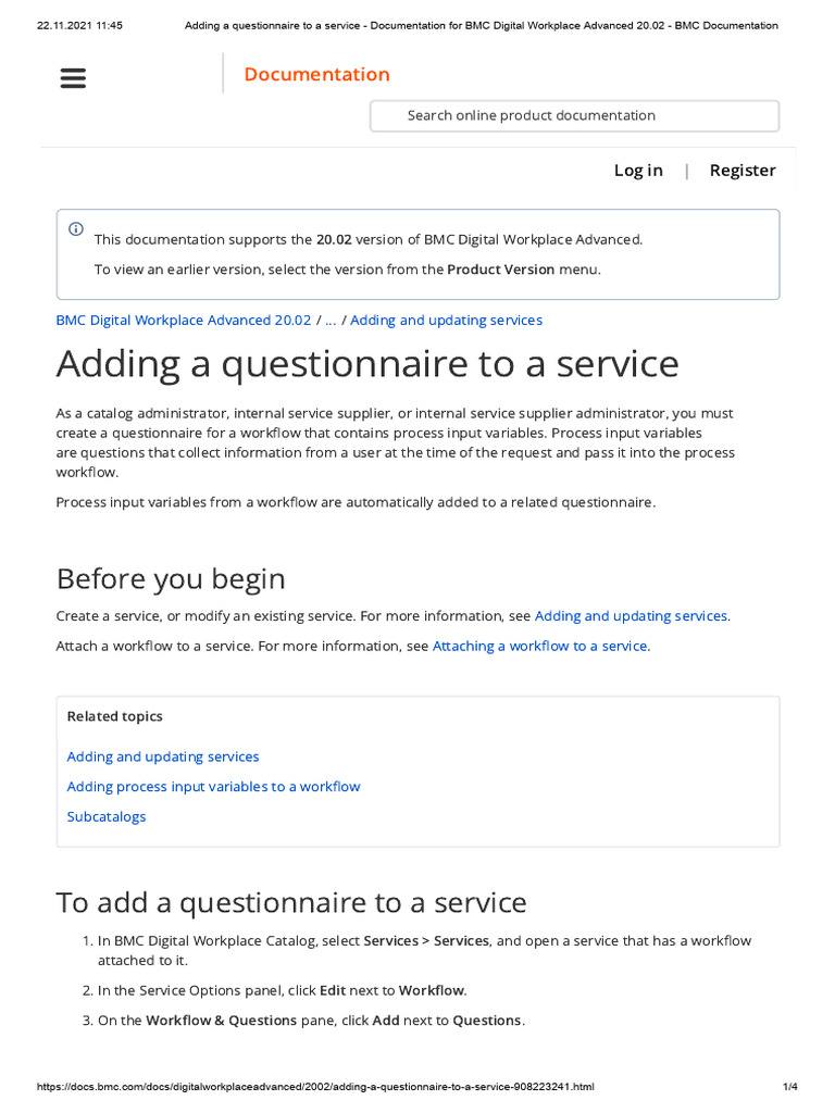 Adding A Questionnaire To A Service - Documentation For BMC Digital Workplace Advanced 20.02 ...