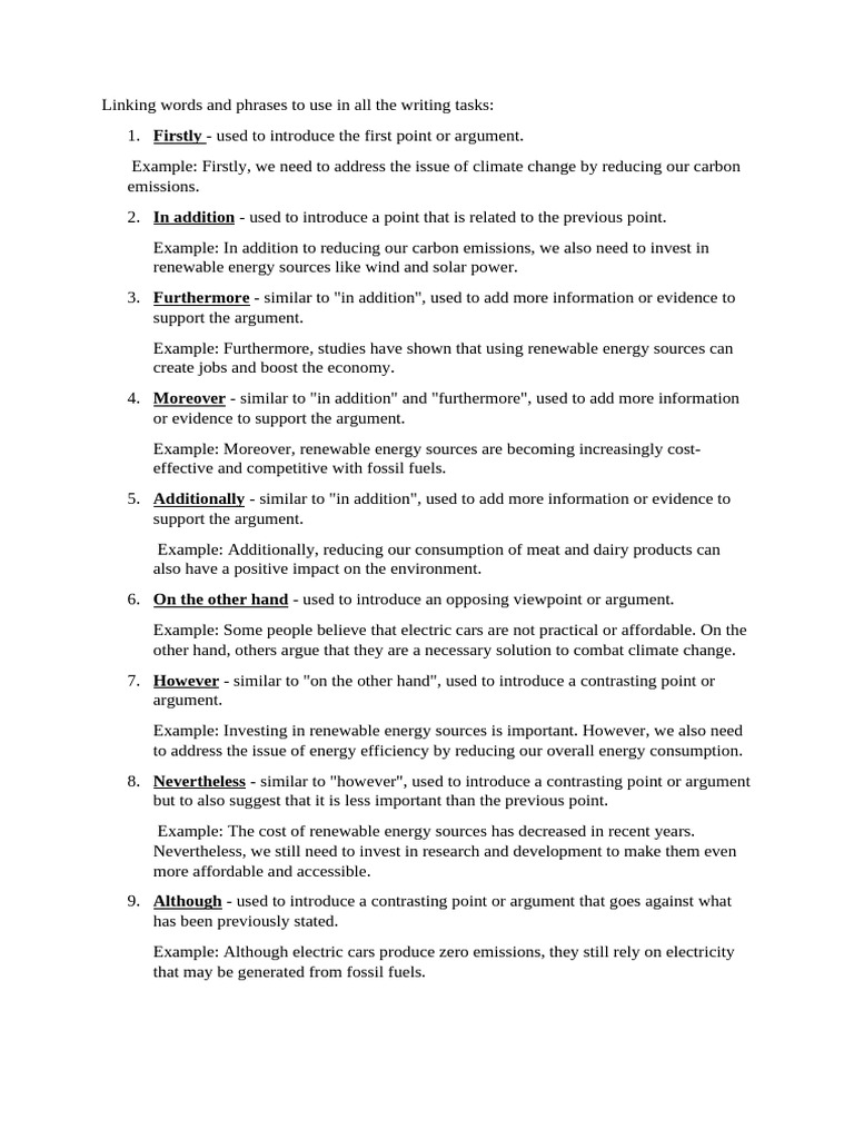 Linking Words and Phrases To Use in All The Writing Tasks | PDF