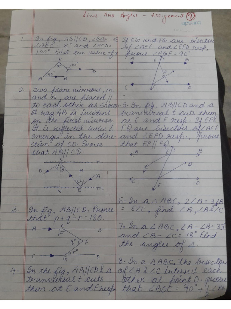 Lines and Angles Assignments | PDF