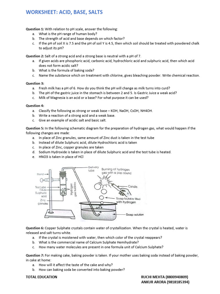 Worksheet - Acid Base and Salts | PDF