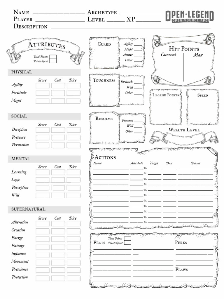 Open Legend Fillable Character Sheet | PDF