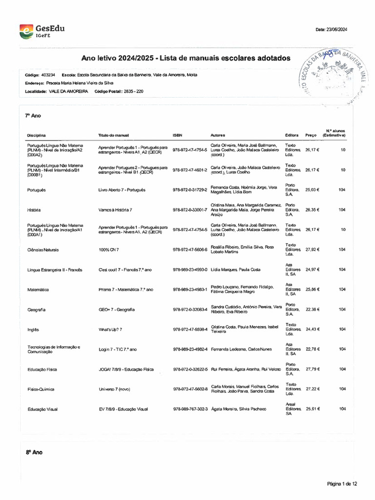 ESBB Manuais-Escolares 24 25 | PDF