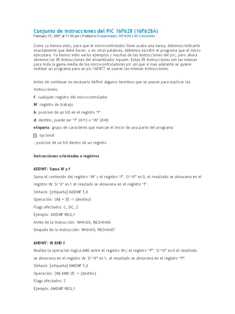 Conjunto de Instrucciones Del PIC 16F628 | PDF | Microcontrolador | Lenguaje ensamblador