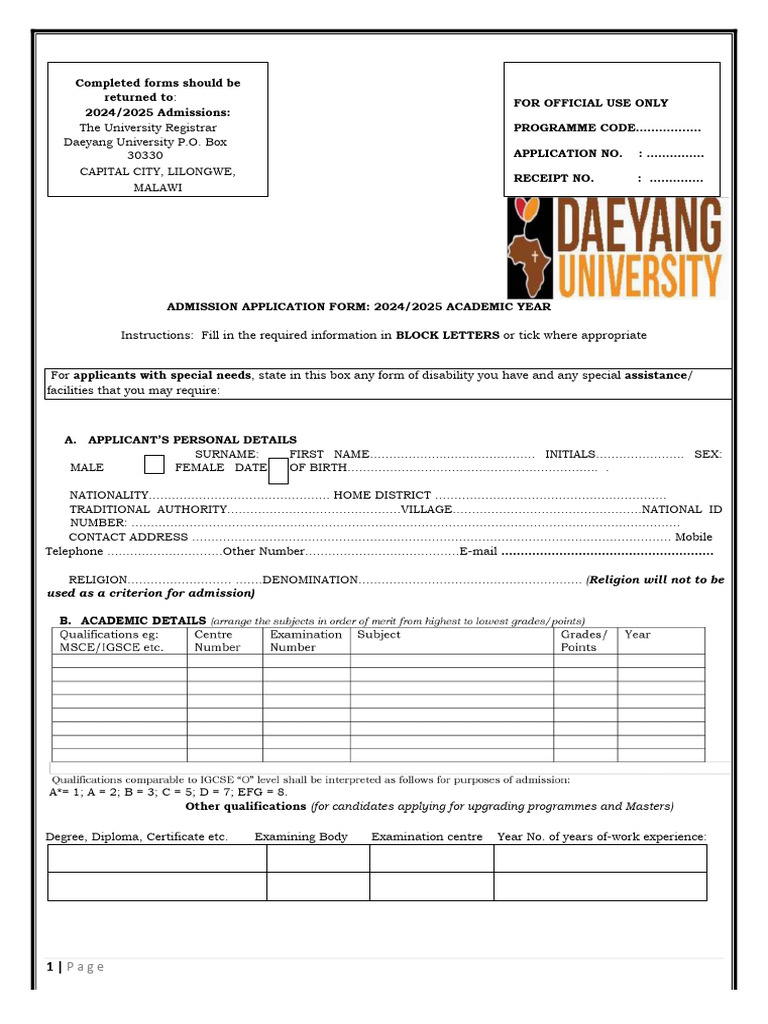 Dyuni Application Form 2024 2025 Academic Year 1 | PDF