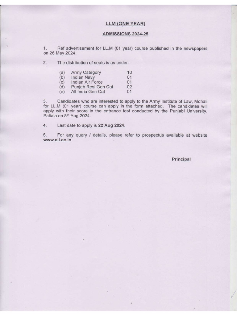 LLM 01 Year Course Admissions 2024 25 | PDF