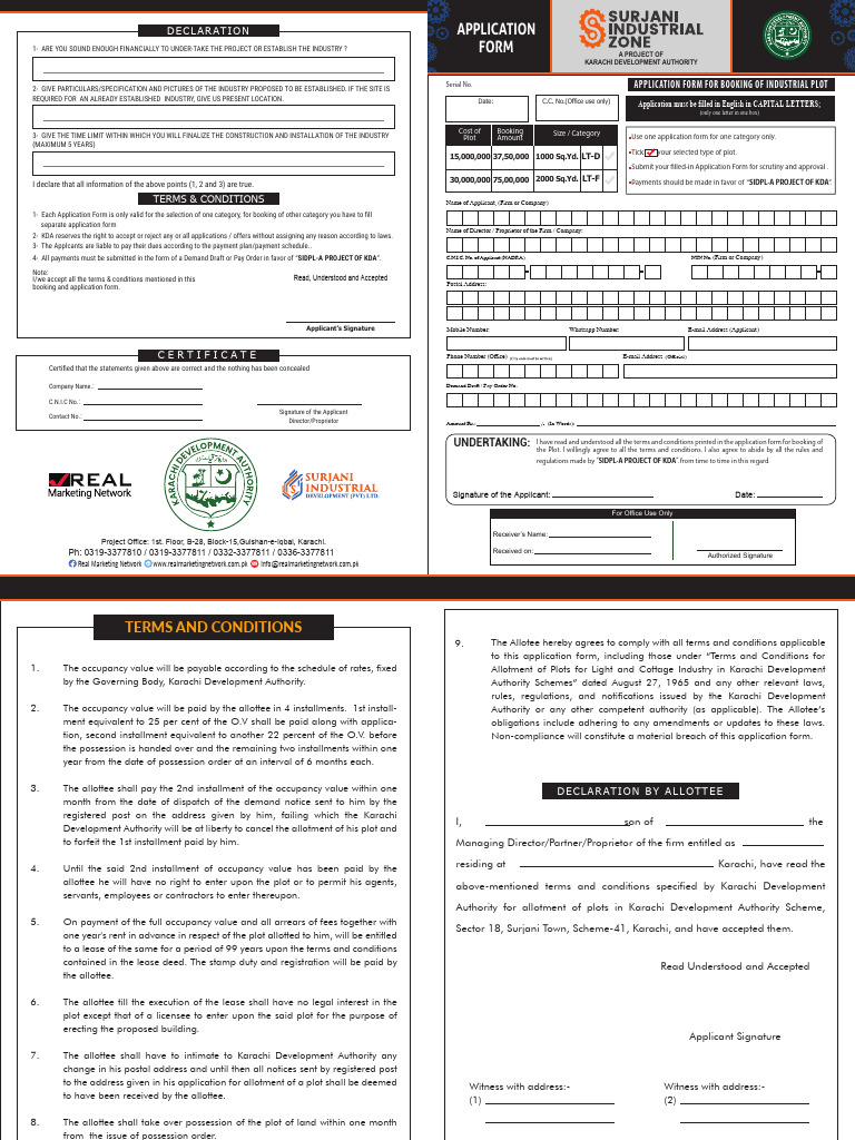 KDA (SURJANI) Application Form | PDF | Lease | Private Law