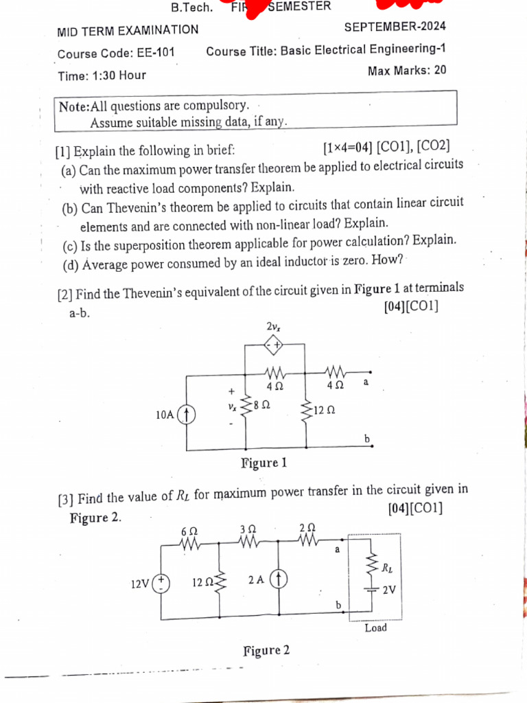 Mid Sem Basic Electrical Engineering | PDF | Electrical Network ...