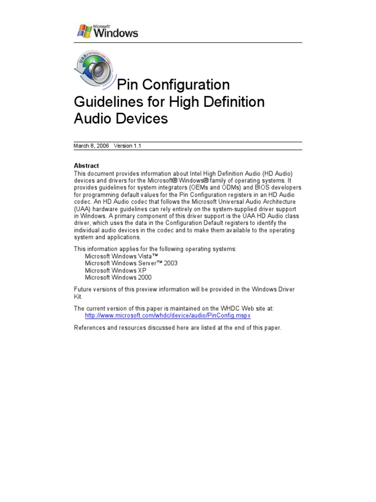 Pin Configuration Guidelines For High Definition Audio Devices | PDF ...