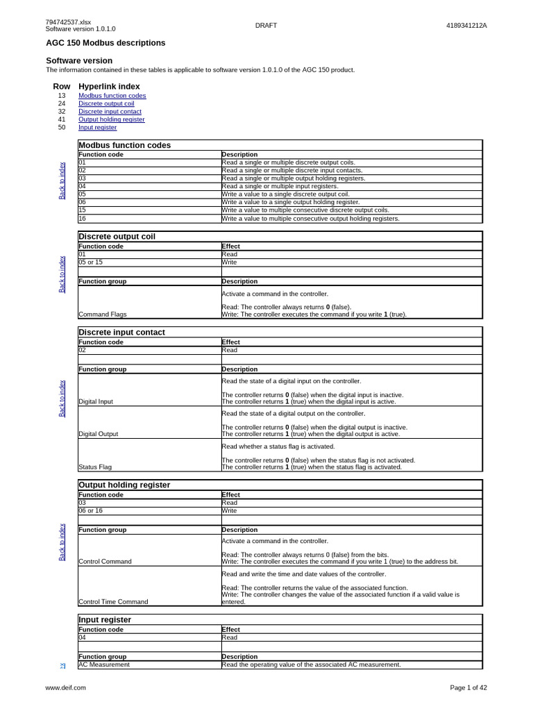 AGC 150 Modbus Tables | PDF