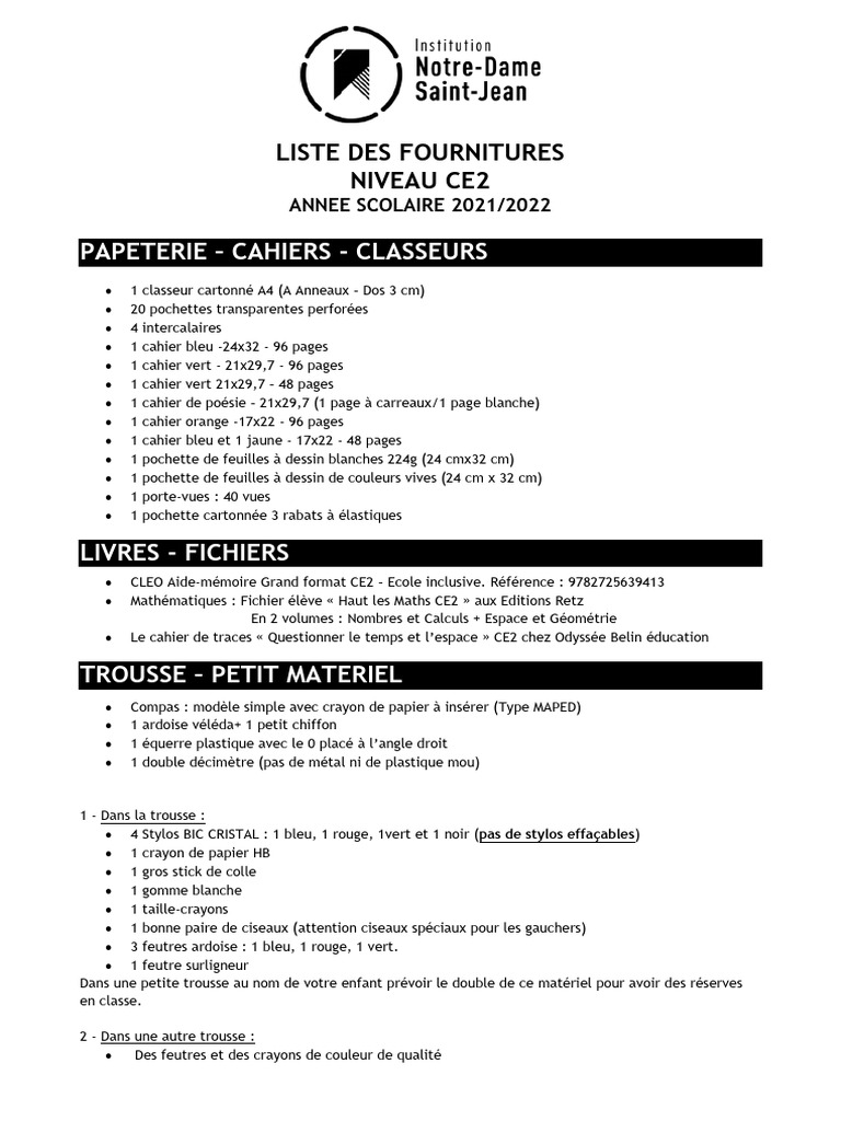 Papeterie - Cahiers - Classeurs: Liste Des Fournitures Niveau Ce2 | PDF
