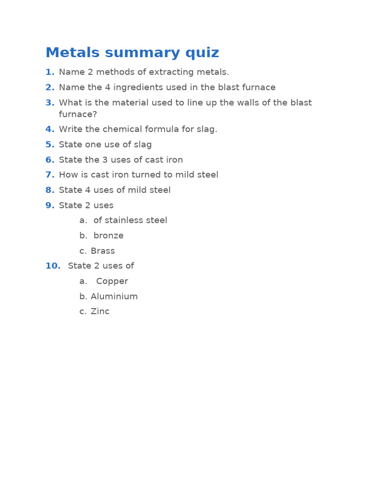 Metals Summary Quiz | PDF