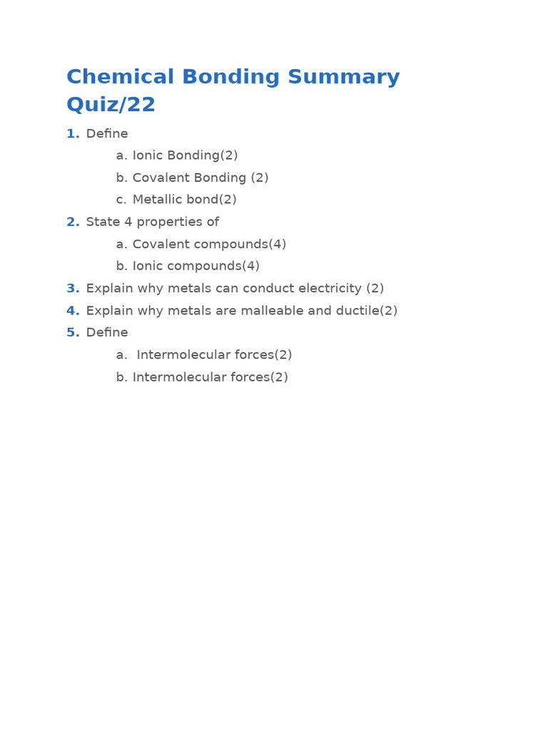 Chemical Bonding Summary Quiz | PDF
