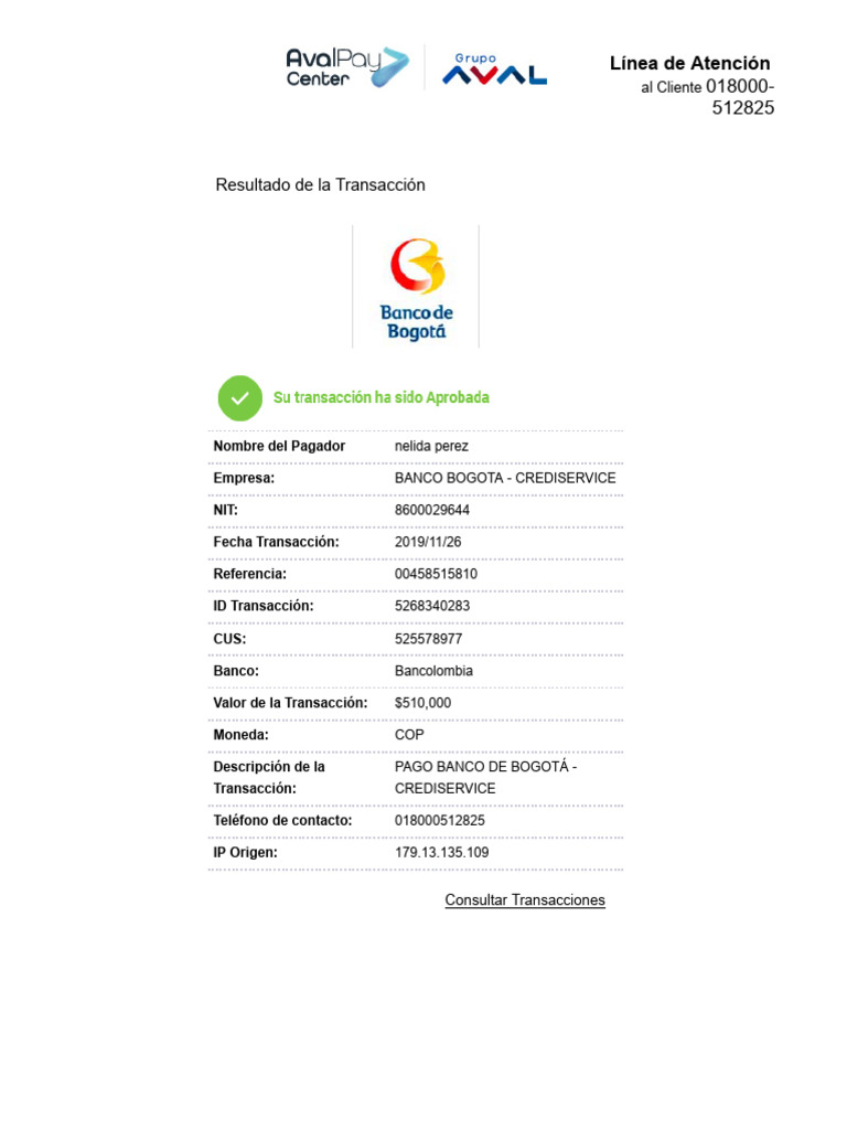 Pasarela de Pagos Aval - Resultados | PDF
