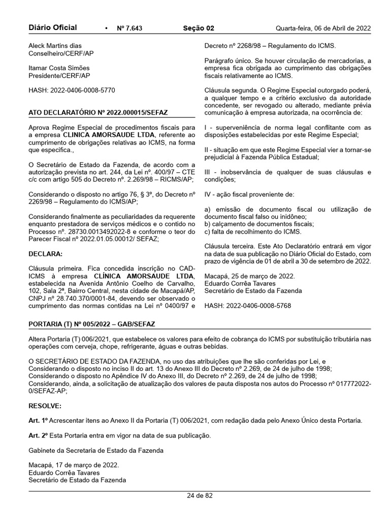 2022 - AD 0015 - CLINICA AMORSAUDE - CAD ICMS - DOEn7643 | PDF