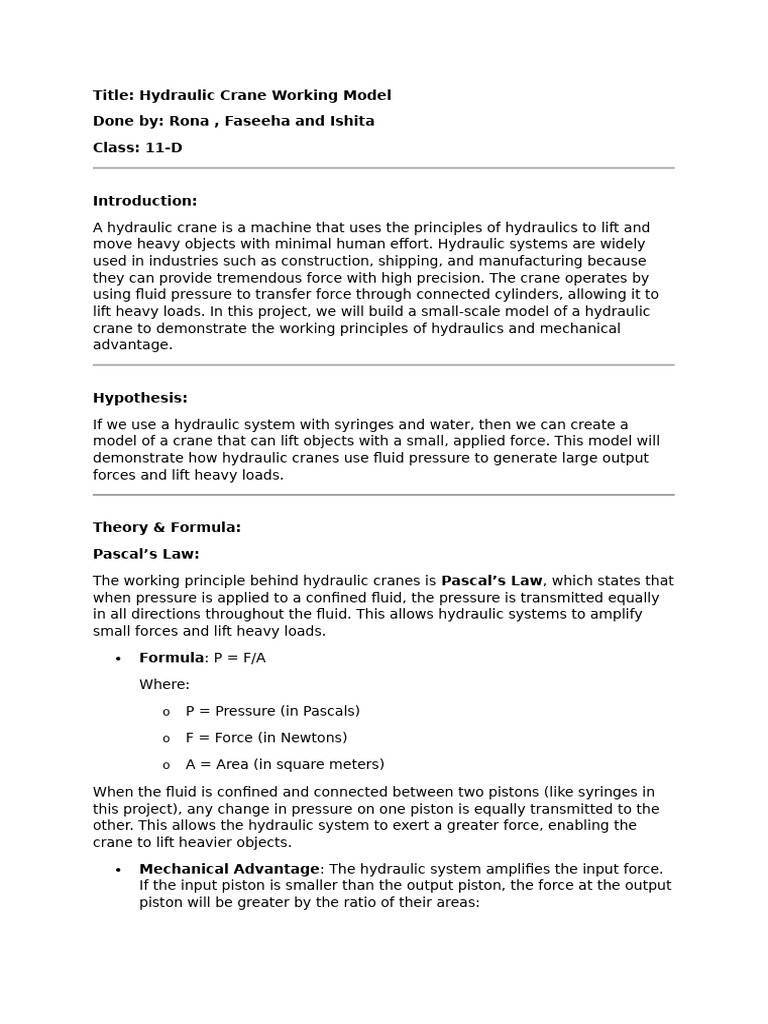 Hydraulic Crane Working Model | PDF