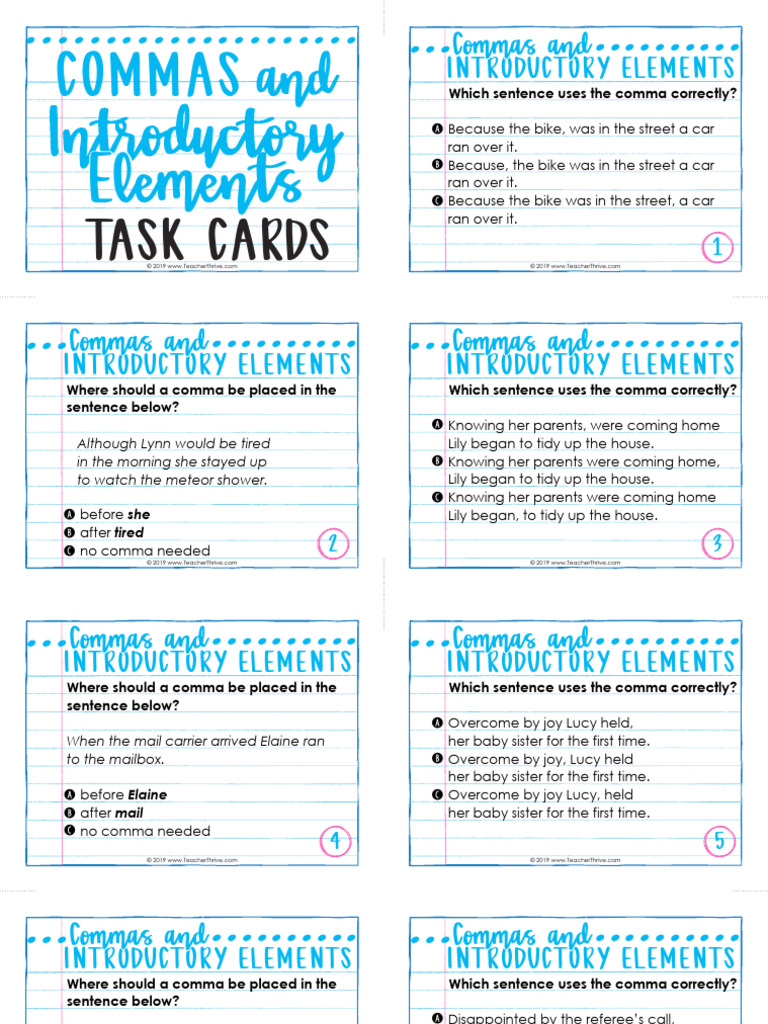 Commas and Introductory Elements Task Cards 1 | PDF