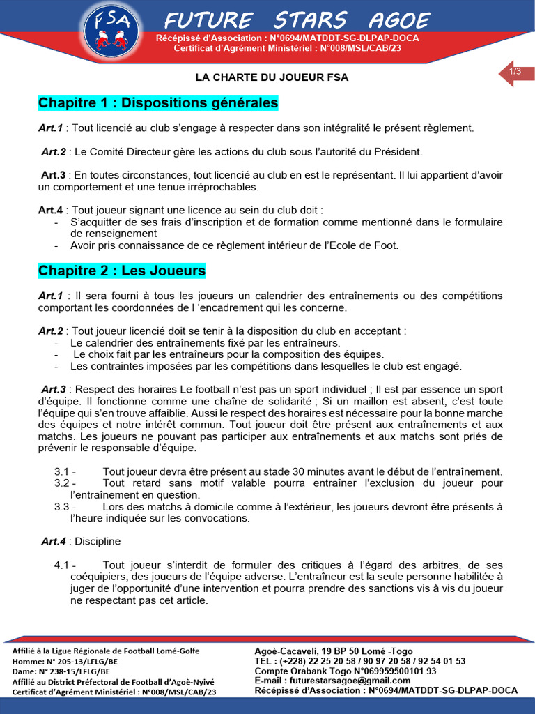 Charte Du Joueur Fsa | PDF