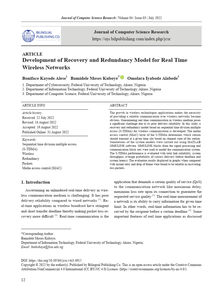 Development of Recovery and Redundancy Model For Real Time Wireless ...
